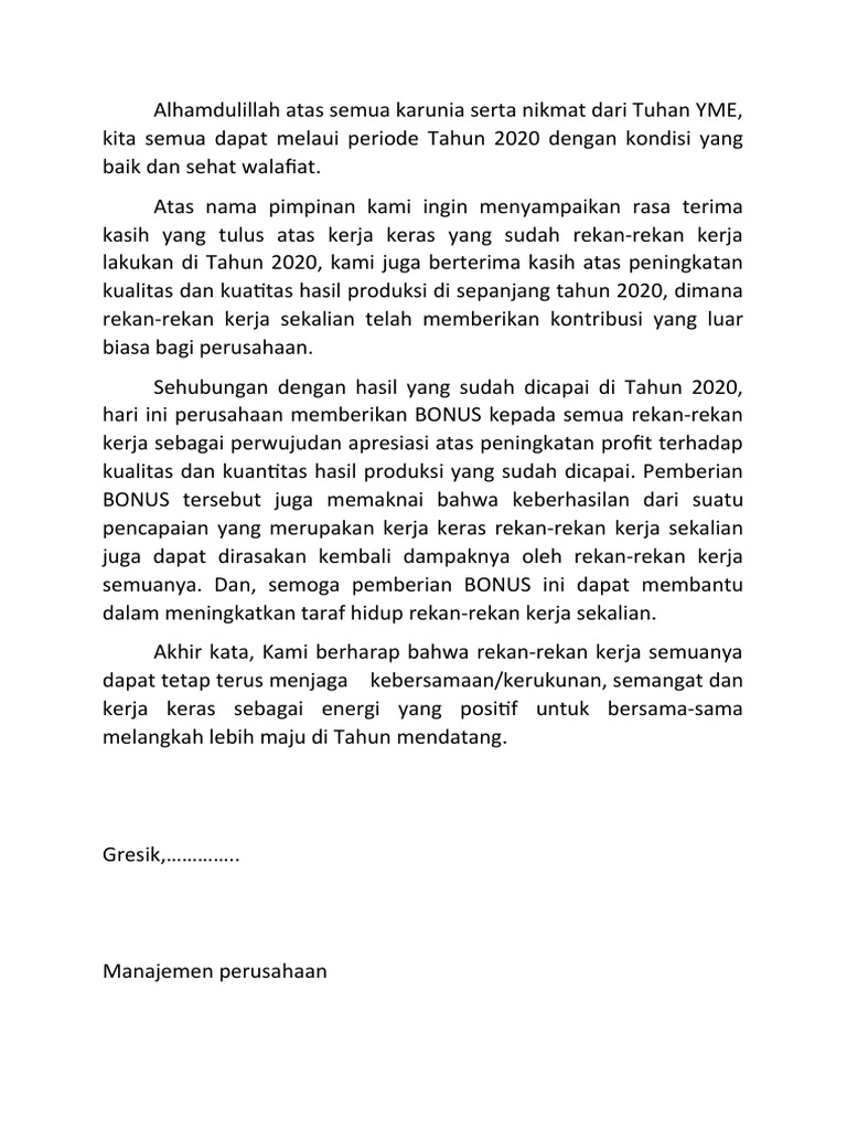Contoh Ucapan Terimakasih (Bonus Karyawan) | PDF