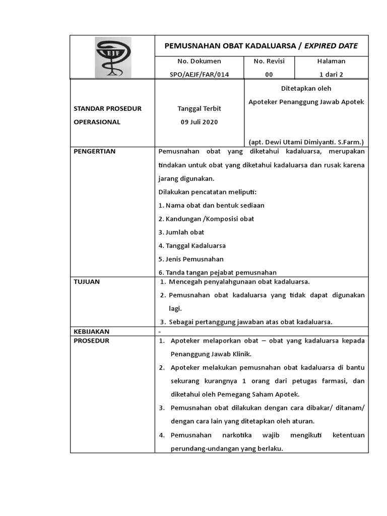 014 - Apotek Eva - SPO Pemusnahan Obat Kadaluarsa (Expire Date) 2020 | PDF
