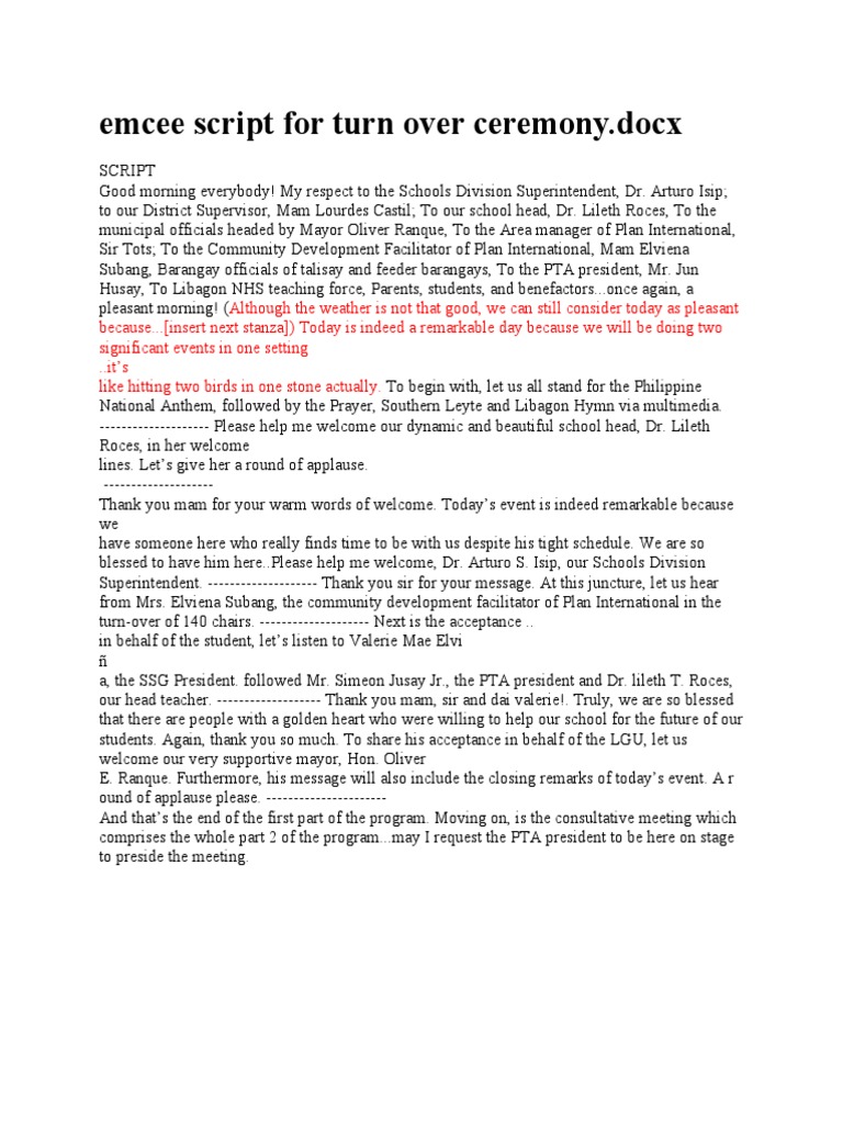 Emcee Script For Turn Over Ceremony | PDF | Professor | Academia