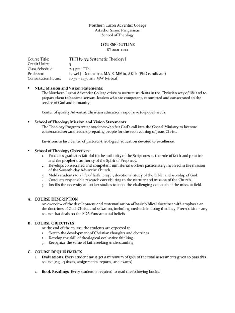 Course Outline | PDF | Theology | Seventh Day Adventist Church