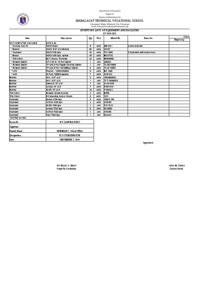 Ict Lab Inventory As Of 2020dec07 Pdf Computer Monitor Computing