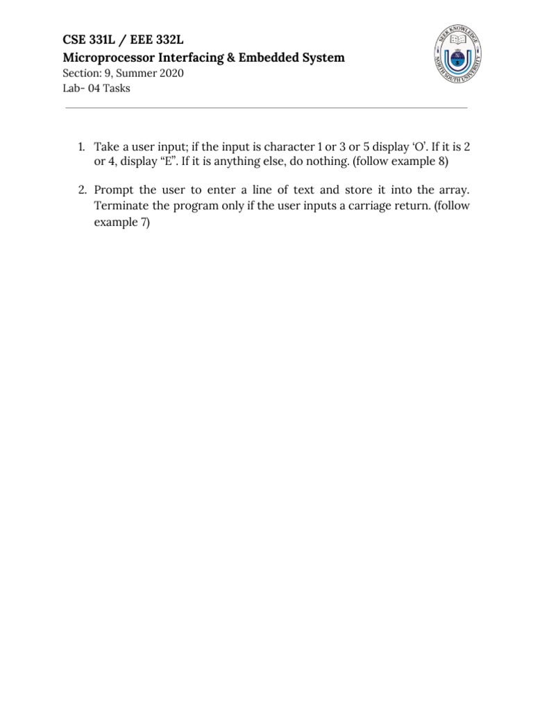 CSE 331L / EEE 332L Microprocessor Interfacing & Embedded System | PDF