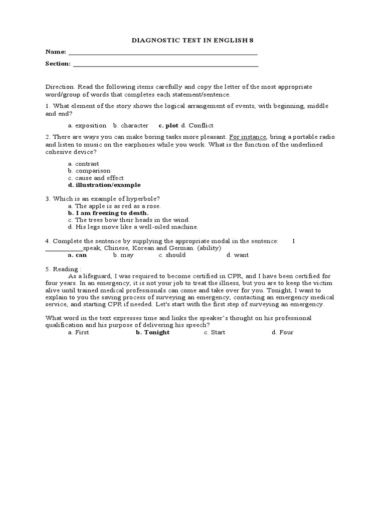 English 8 Diagnostic Test Overview | PDF | Career & Growth | Language ...