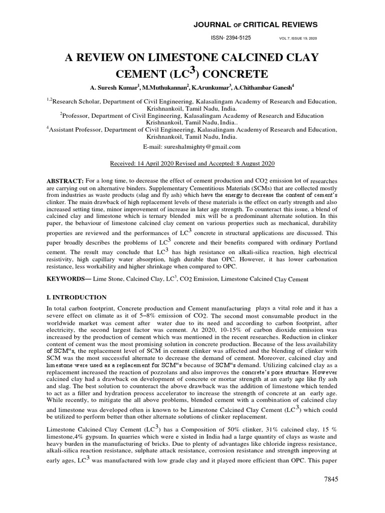 A Review On Limestone Calcined Clay Cement (Lc3) Concrete | PDF ...