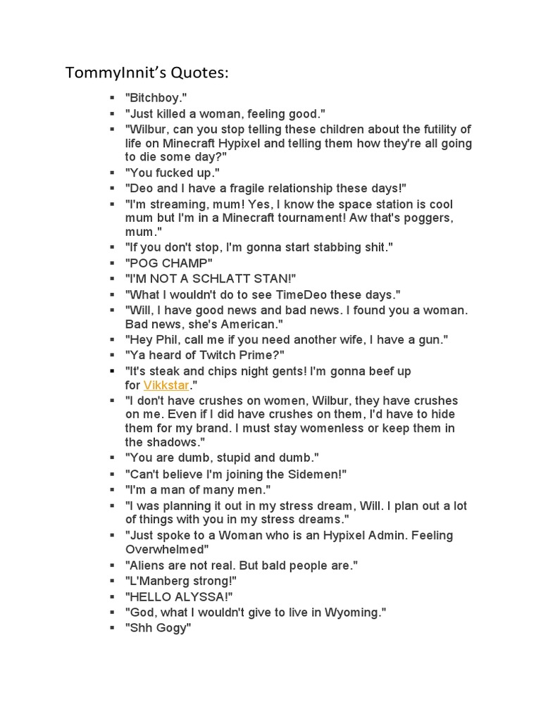 TommyInnit's Iconic and Humorous Quotes from His Minecraft Streams | PDF