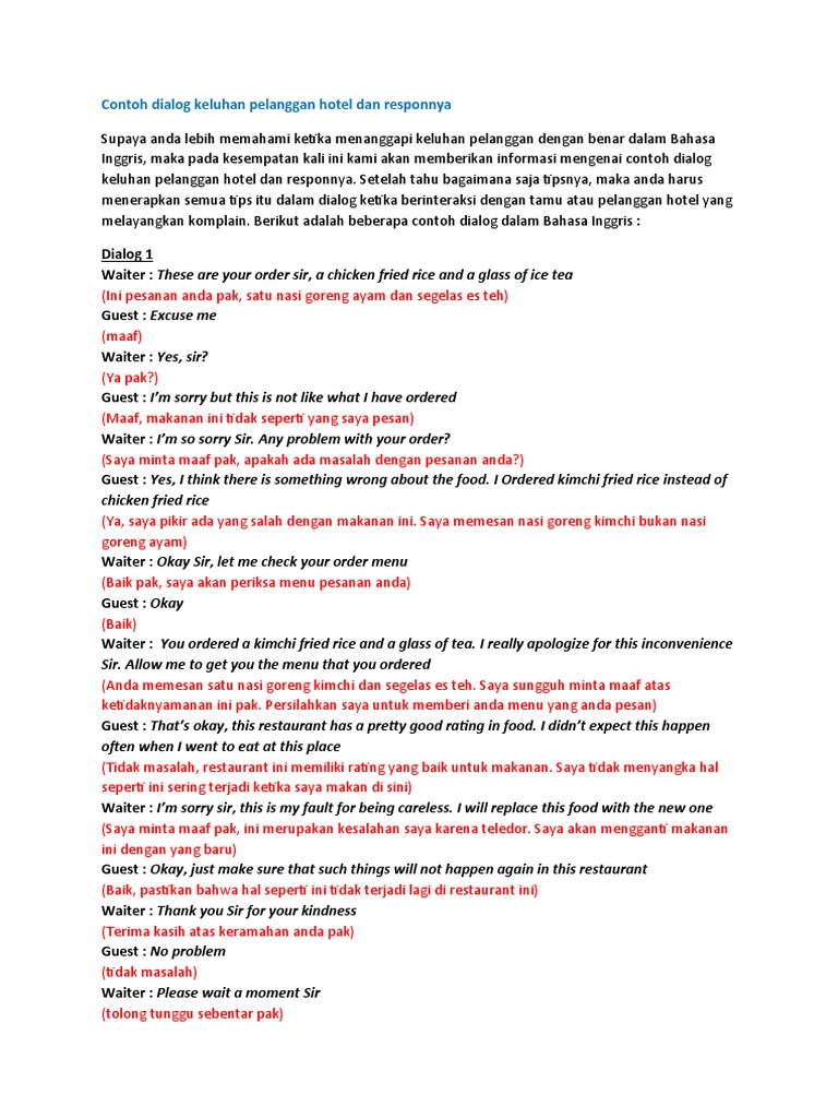 Contoh Dialog Keluhan Pelanggan Hotel Dan Responnya | PDF