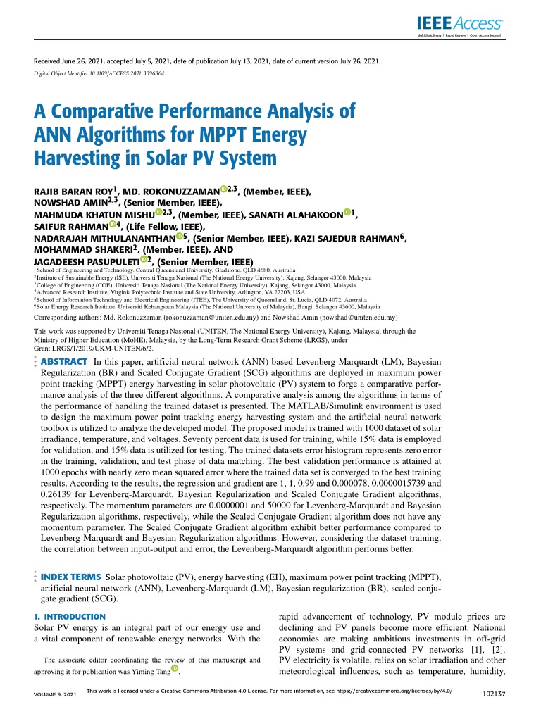 A Comparative Performance Analysis of ANN Algorithms For MPPT Energy Harvesting in Solar PV ...
