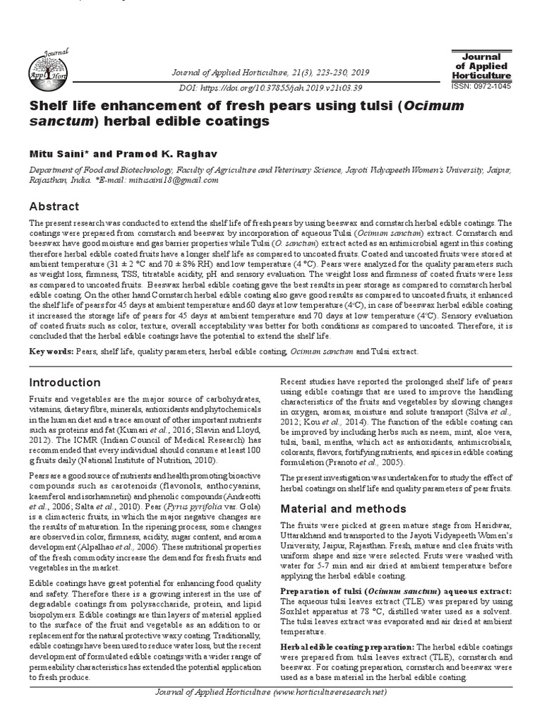 Shelf Life Enhancement of Fresh Pears Using Tulsi (Ocimum Sanctum ...