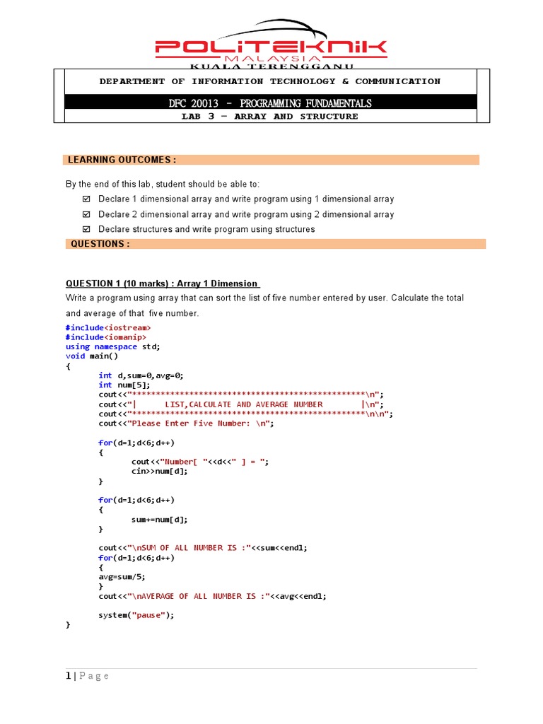 DFC 20013 – PROGRAMMING FUNDAMENTALS LAB 3 ARRAY AND STRUCTURE | PDF | Matrix (Mathematics ...