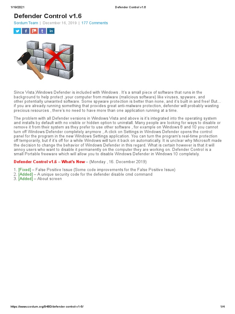 Defender Control v1.6 | PDF | Malware | Antivirus Software
