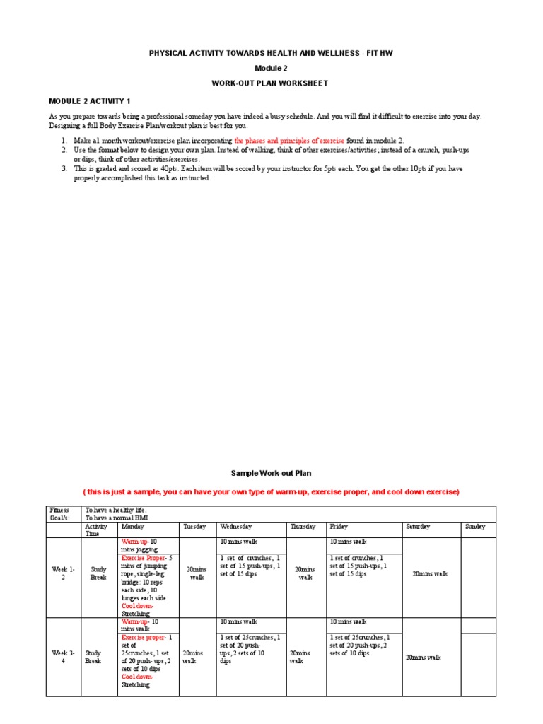 Physical Activity Towards Health and Wellness - Fit HW Work-Out Plan ...