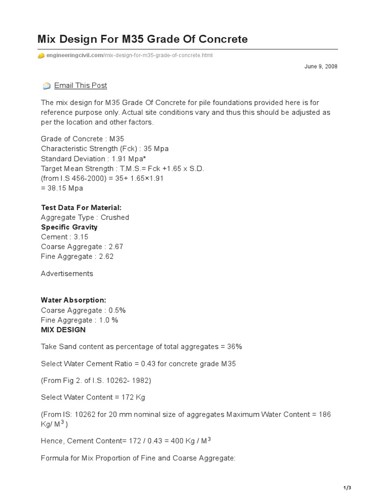 Mix Design For M35 Grade of Concrete | PDF | Concrete | Construction ...