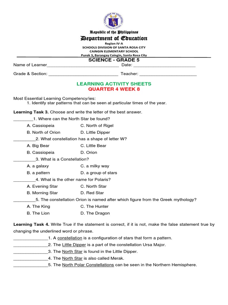 Grade 5 Science: Stars Activity Sheet | PDF