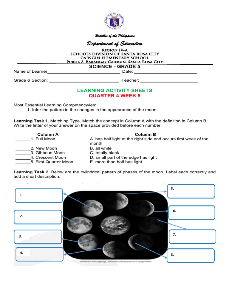 Activity Sheet - Science 5 Q4 W5 | PDF | Moon | Earth