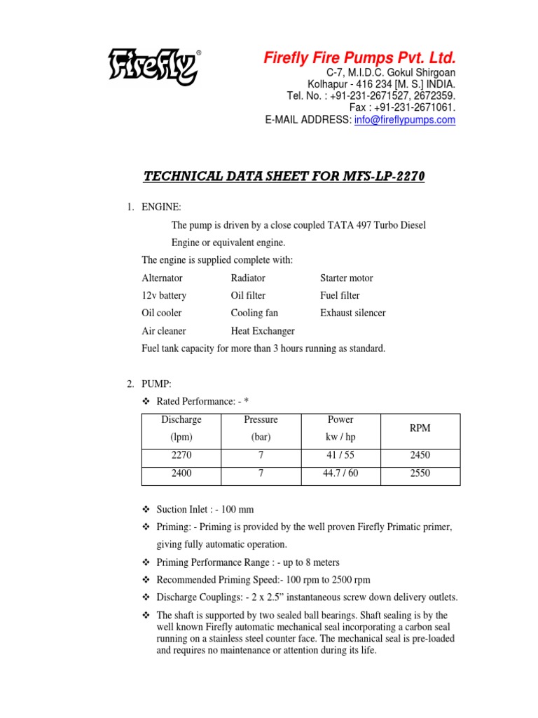 Fire Pump Data Sheet | PDF | Pump | Engines