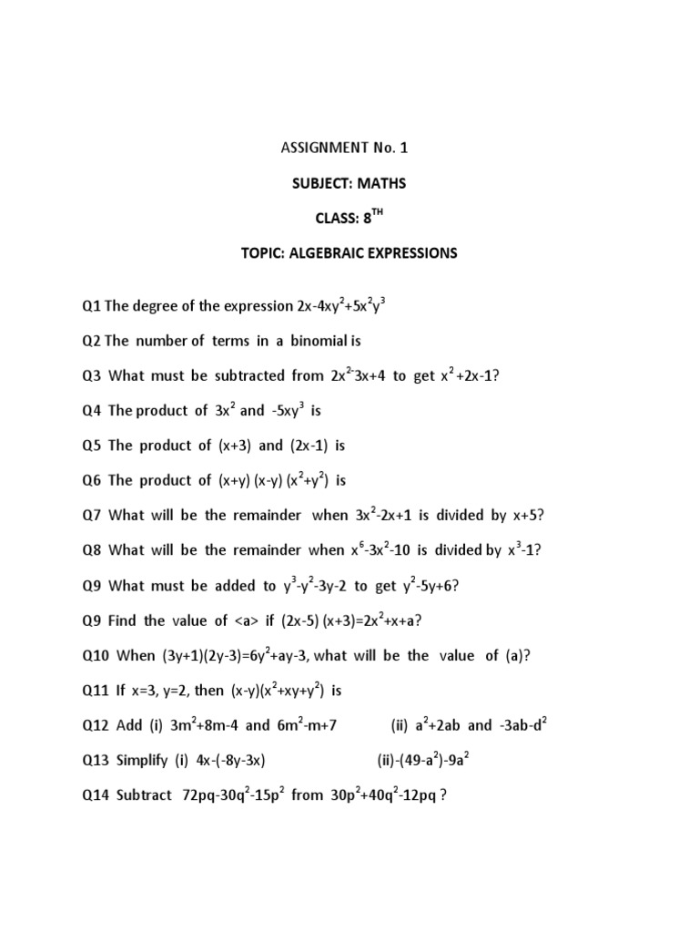 Class 8 Algebraic Expressions Assignment | PDF | Teaching Methods ...