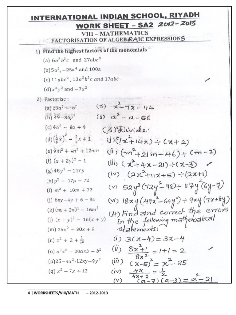 CBSE Class 8 Factorisation Worksheet | PDF