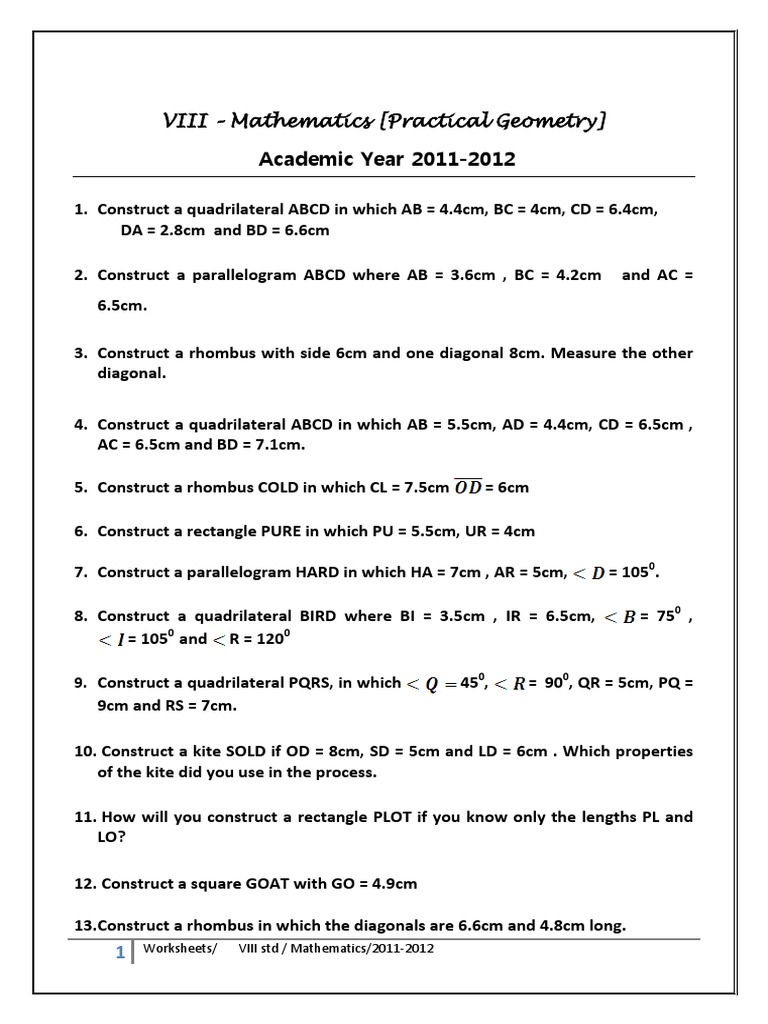 CBSE Class 8 Practical Geometry Worksheet | PDF | Teaching Methods ...