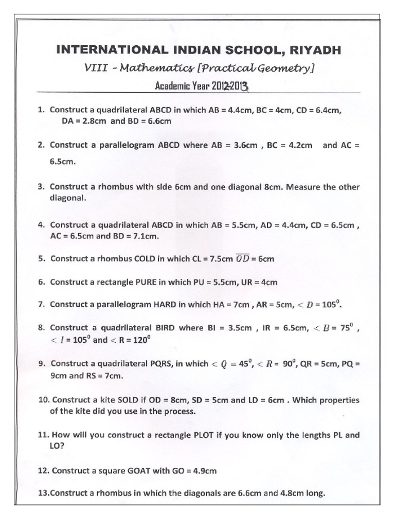CBSE Class 8 Practical Geometry Worksheet | PDF