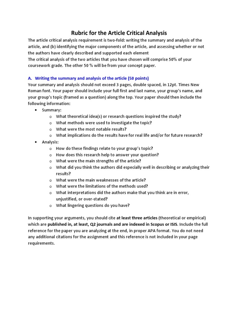 Rubric For The Article Critical Analysis.. | PDF | Rubric (Academic ...