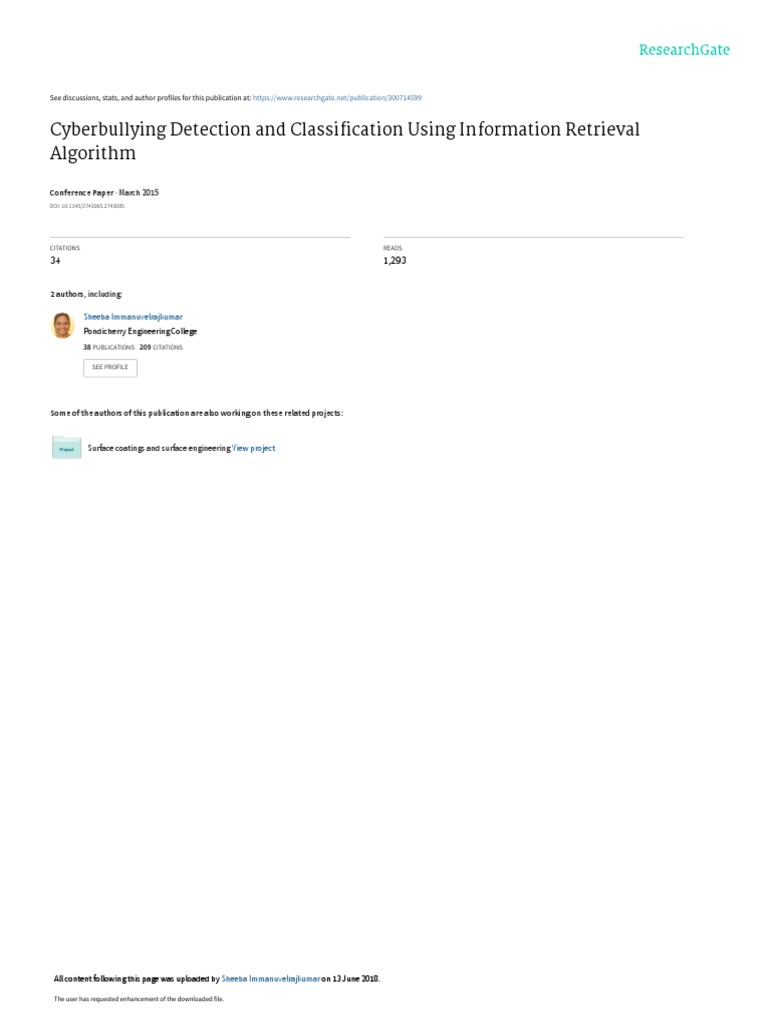 Cyberbullying Detection and Classification Using Information Retrieval Algorithm | PDF ...