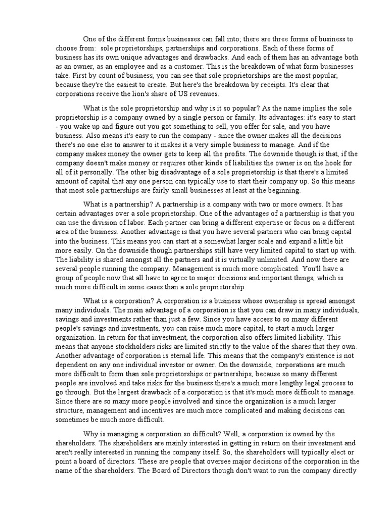 Business Structures: Pros and Cons | PDF | Corporations | Sole Proprietorship