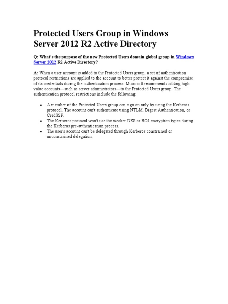 Protected Users Group in Windows Server 2012 R2 Active Directory | PDF