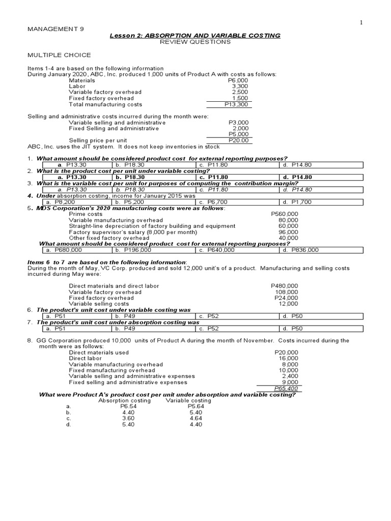 Lesson 2: Absorption and Variable Costing: Management 9 Review Questions Multiple Choice ...