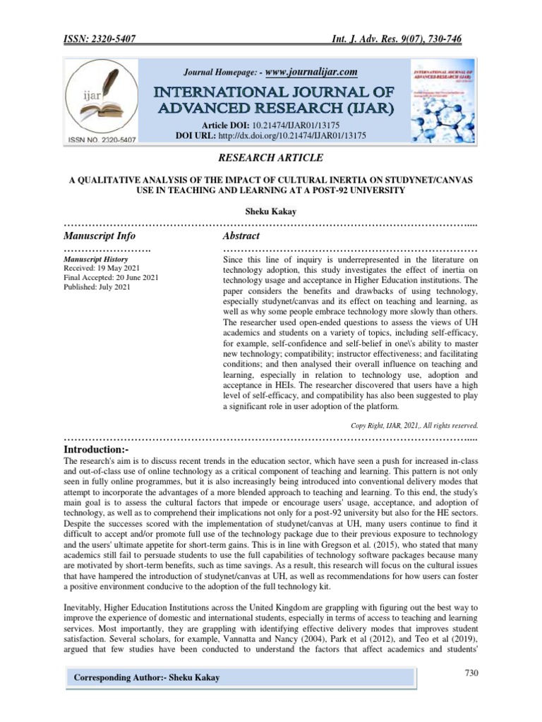 A Qualitative Analysis of The Impact of Cultural Inertia On Studynet ...