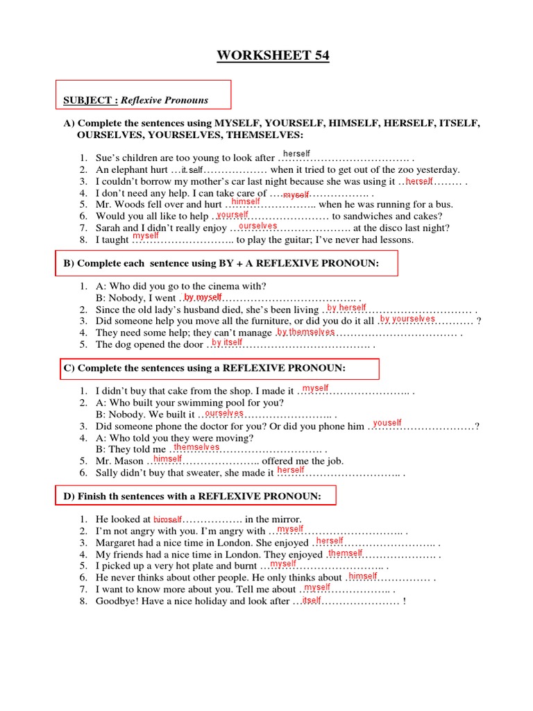 Worksheet 54 Reflexive Pronoun | PDF | Home & Garden | Art