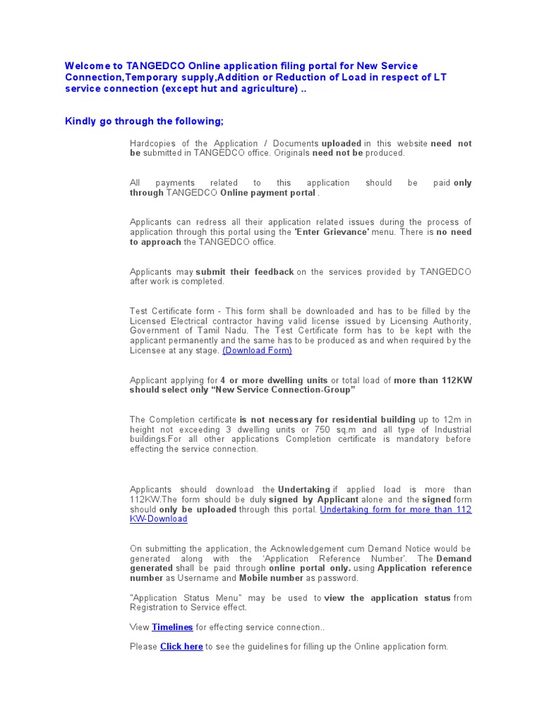 Welcome To TANGEDCO Online Application Filing Portal For New Service ...
