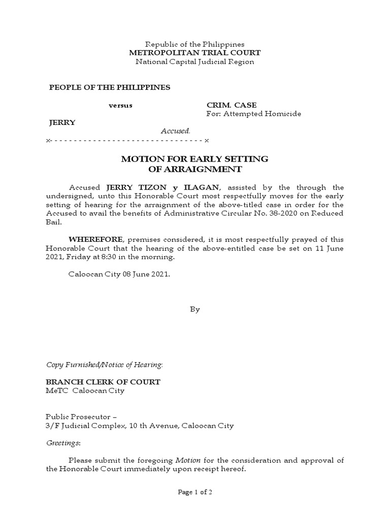 Sample Motion For Early Setting | PDF