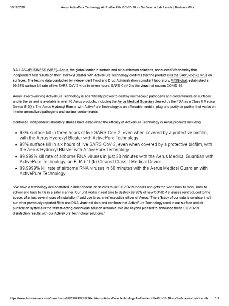 Aerus ActivePure Technology Air Purifier Kills COVID-19 On Surfaces in ...