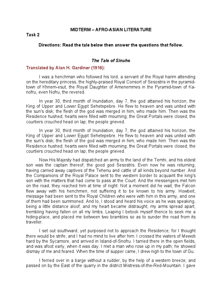 Midterm - The Tale of Sinuhe from Afro-Asian Literature | PDF