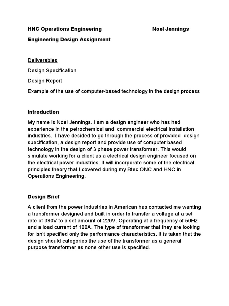 HNC Operations Engineering Noel Jennings Engineering Design Assignment ...