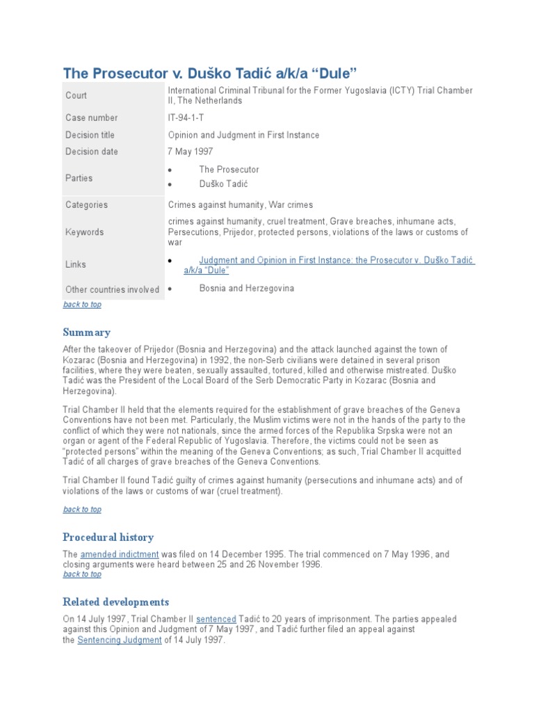 The Prosecutor Vs Dusko Tadic | PDF | Government | Crime & Violence