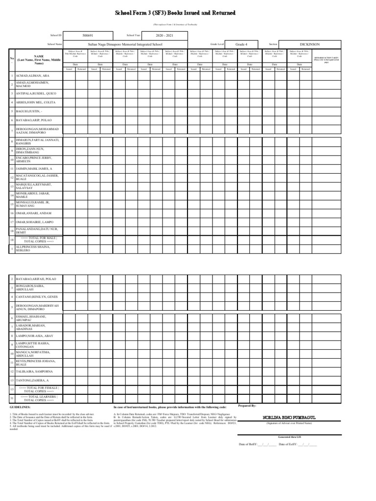 School Form 3 (SF3) Books Issued and Returned | PDF