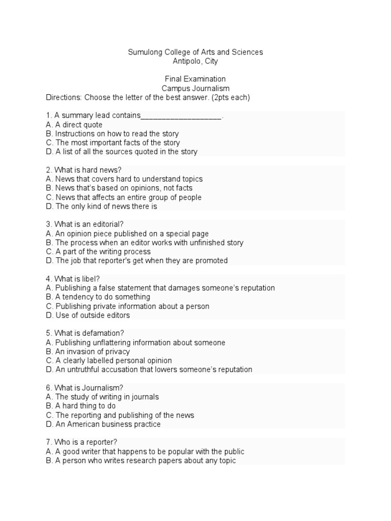 Campus Journalism Final Exam Guide | PDF | News | Newspapers