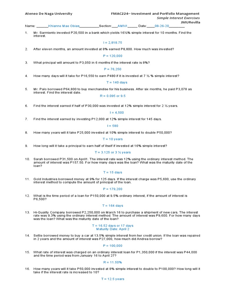 Solutions to Simple and Ordinary Interest Rate Exercises on Various ...
