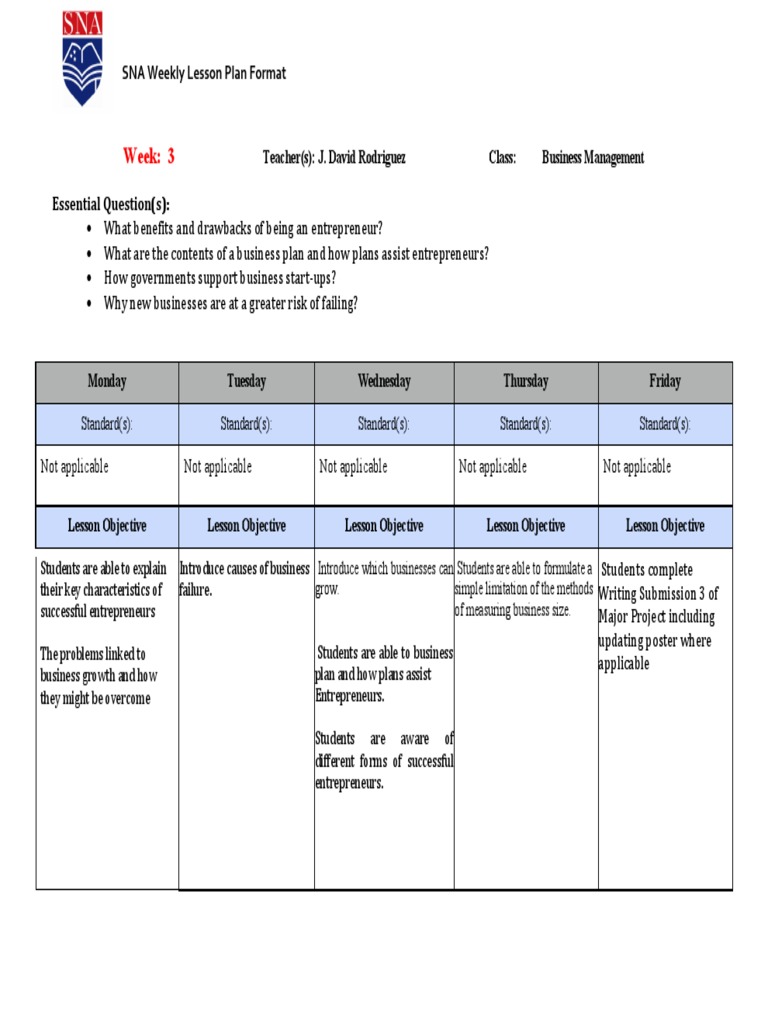 BM Lesson Plan Week 3 | PDF | Entrepreneurship | Lesson Plan