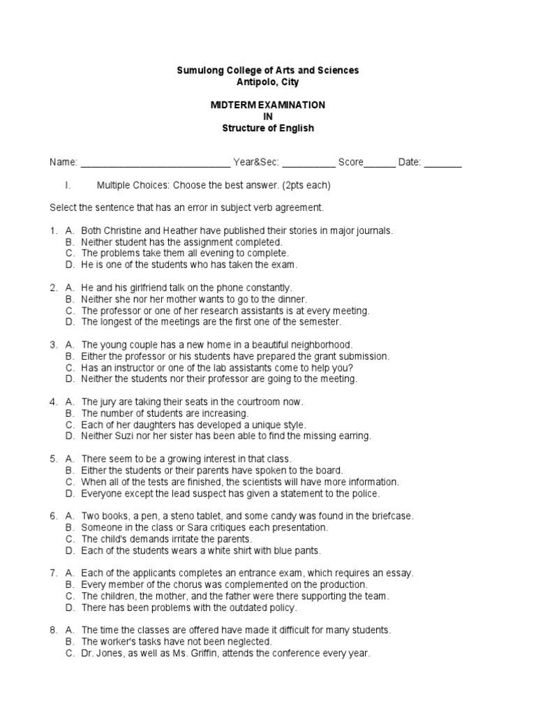 Midterm Exam Structure of English | PDF