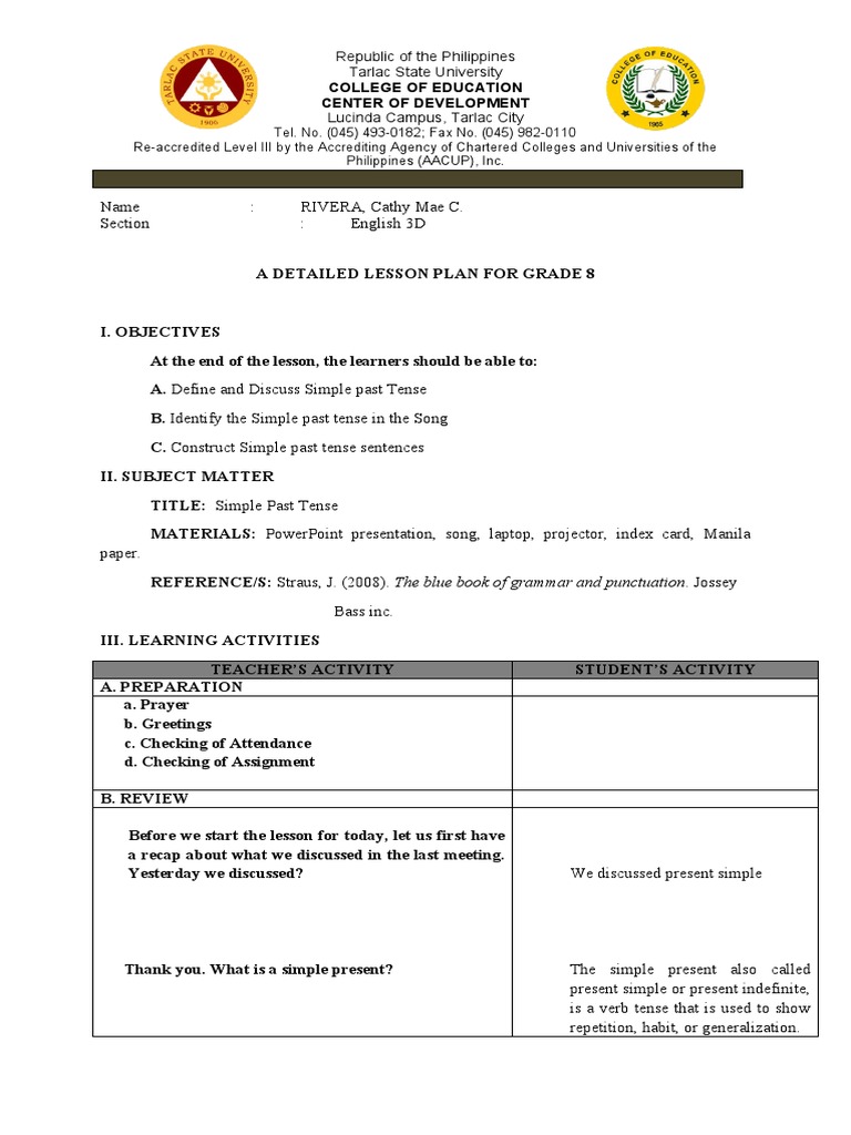 (Song - Detailed Lesson Plan) | PDF | Grammatical Tense | English Language