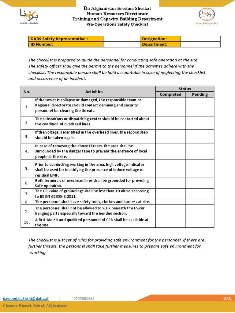 Pre Operation Safety Checklist | PDF | Safety | Electromagnetism