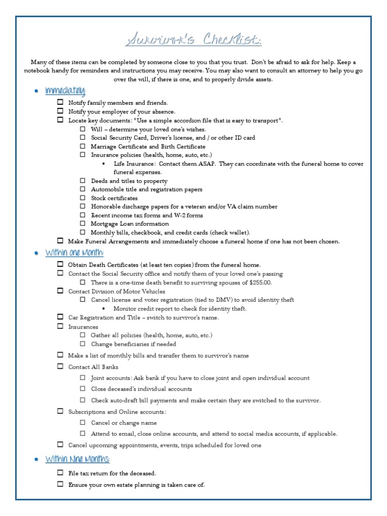 Survivor's Checklist:: Immediately | Download Free PDF | Department Of ...