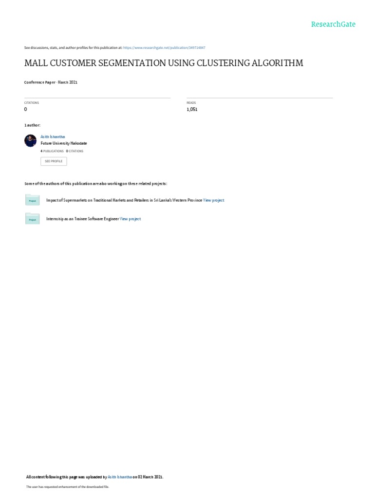 Mall Customer Segmentation Using Clustering Algorithm: March 2021 | PDF ...