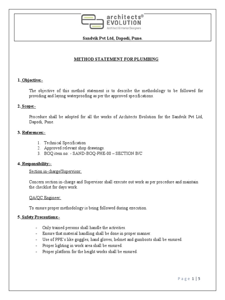 Method Statement For Plumbing | PDF | Pipe (Fluid Conveyance) | Plumbing