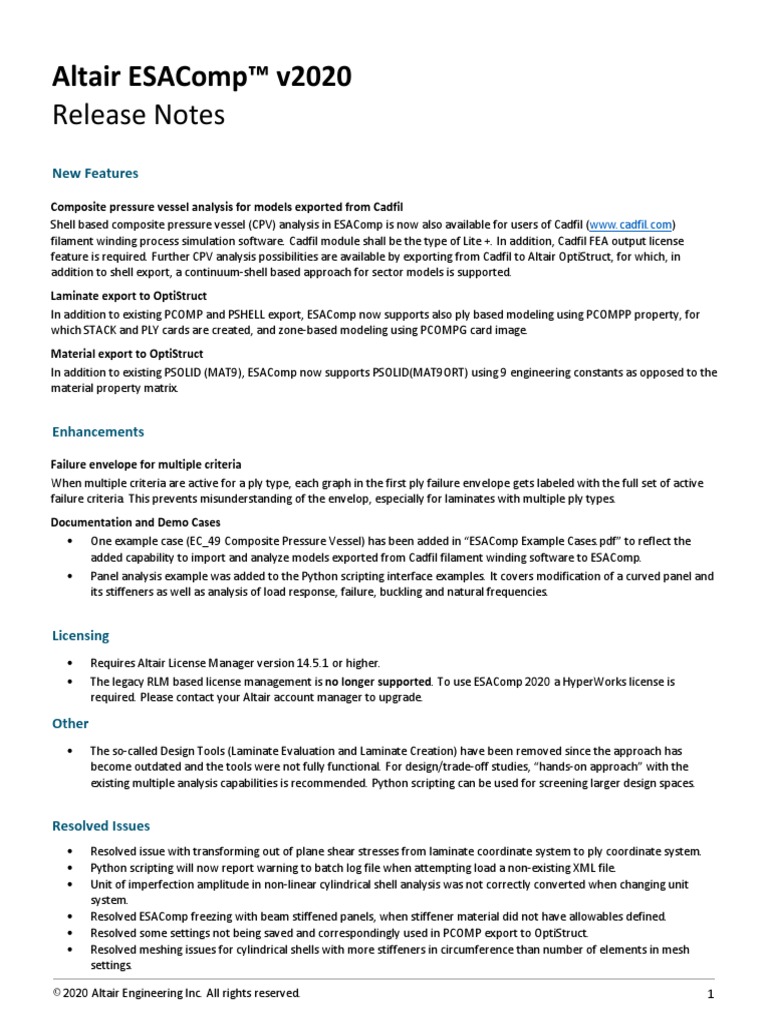 Release Notes: Altair Esacomp™ V2020 | PDF