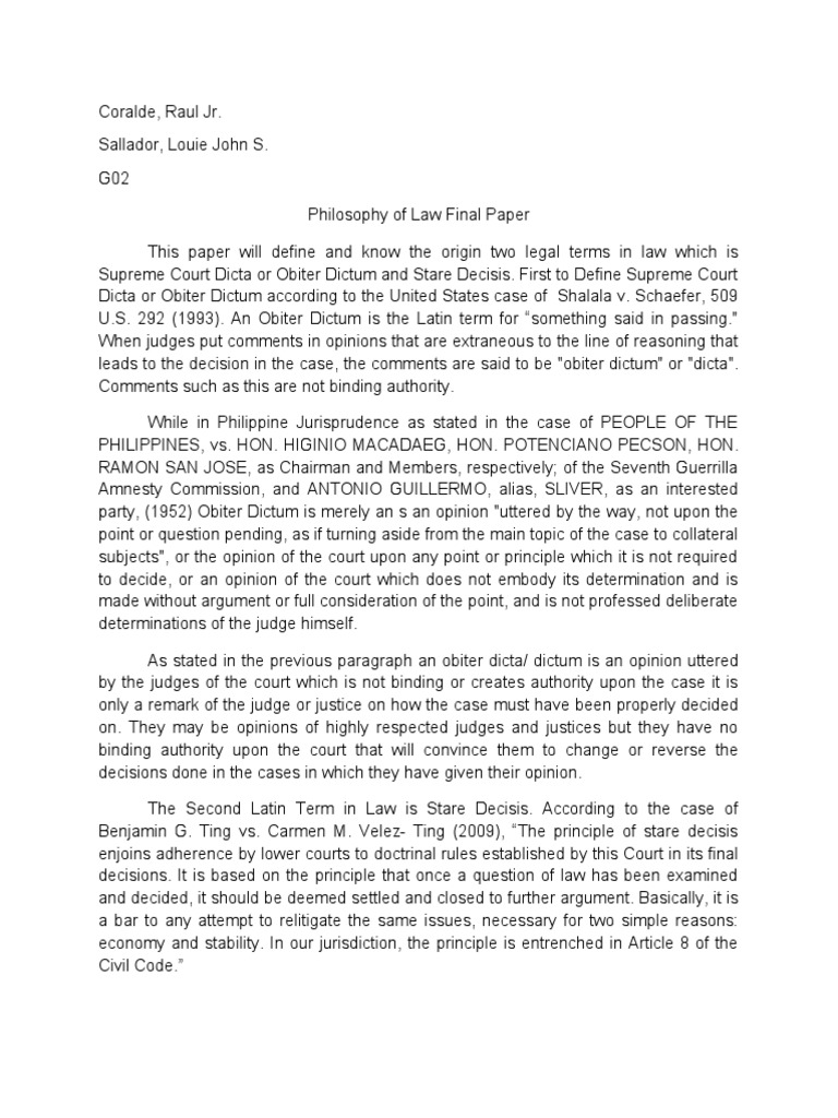 Philo of Law Final Paper | PDF | Precedent | Obiter Dictum