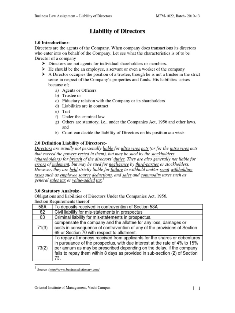 Directors' Liability in Business Law | PDF | Board Of Directors | Tort