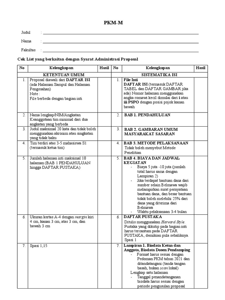 Checklist PKM 5 Bidang | PDF